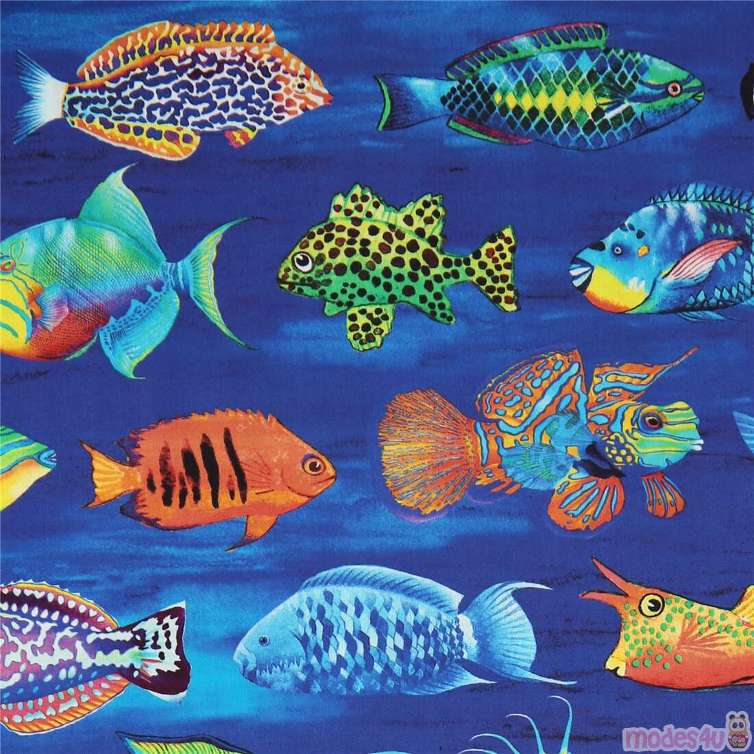 Ocean blue Robert Kaufman cotton fabric row multi color fish by Robert ...
